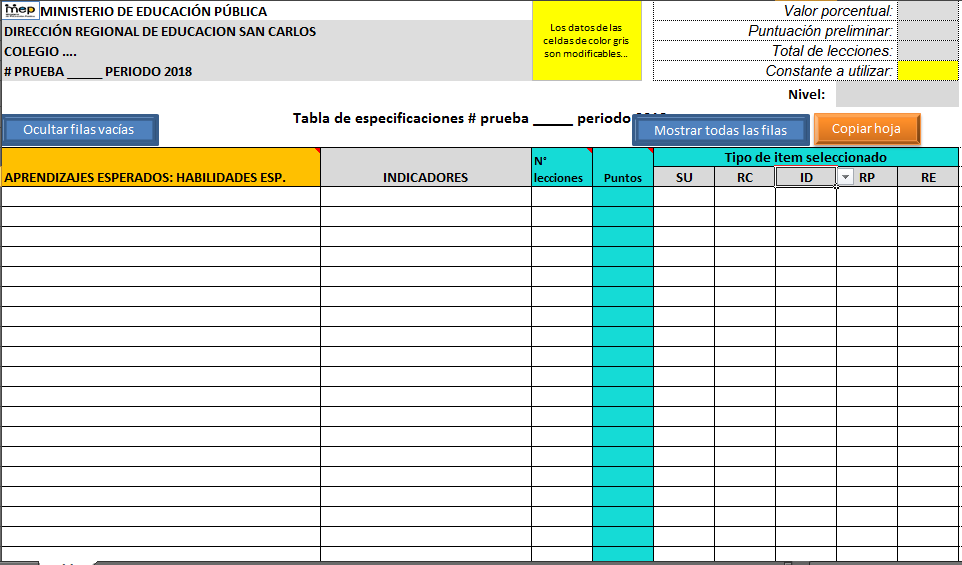 EVALUACIÓN COSTA RICA: EJEMPLO DE TABLA DE ESPECIFICACIONES