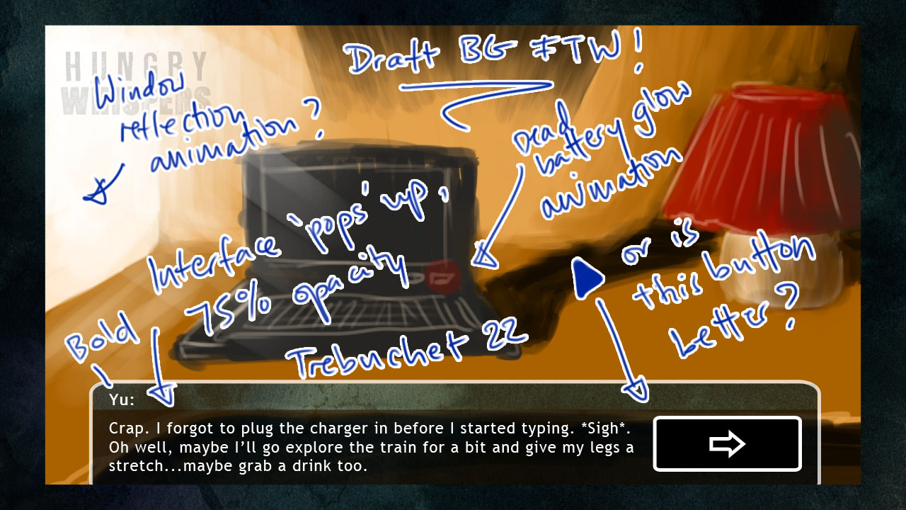 Hungry Whispers: Game dialogue interface + example of 'game cutscene'