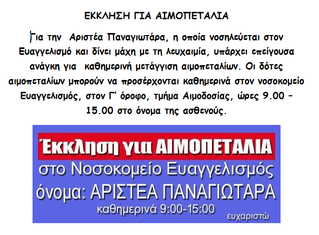 Κοινωνικό Ιατρείο Βύρωνα: ΕΚΚΛΗΣΗ ΓΙΑ ΑΙΜΟΠΕΤΑΛΙΑ