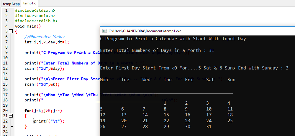 C Program To Print A Calendar By Taking Input From User Using Loop