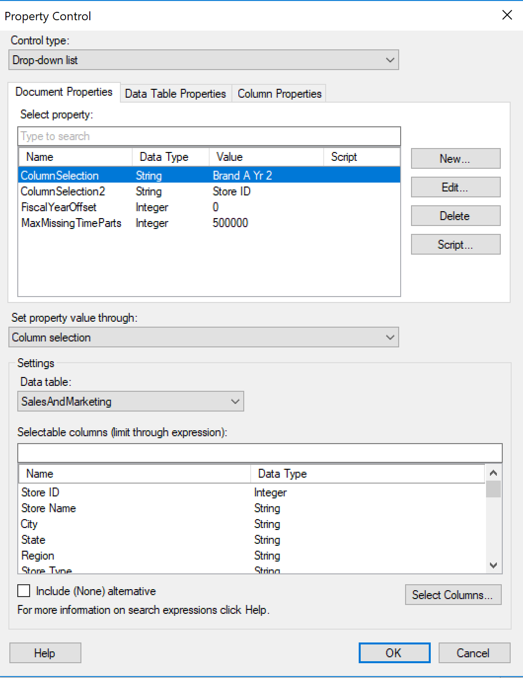 Dynamic Column Filter Selections