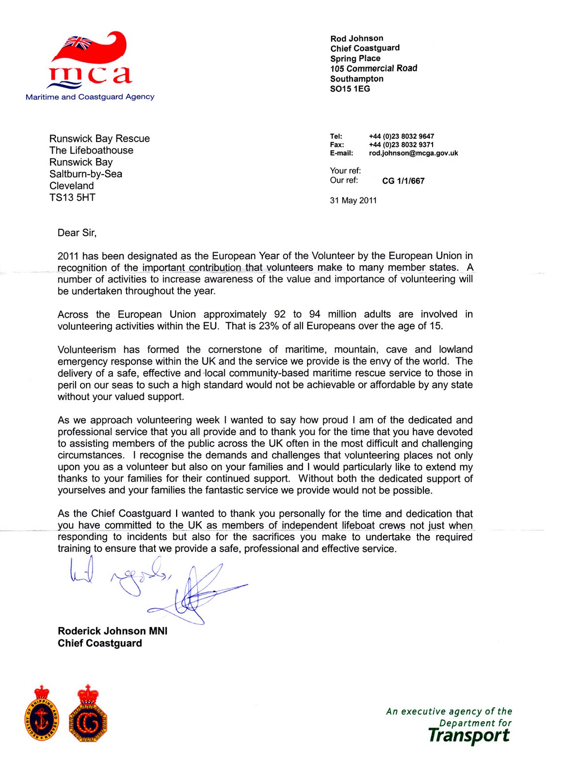 RBRB: Letter from the Maritime and Coastguard Agency