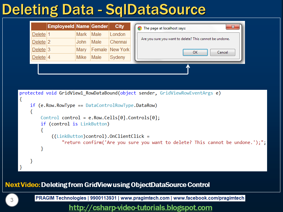 Sql Server Net And C Video Tutorial Part 13 Deleting Data From Gridview Using Sql
