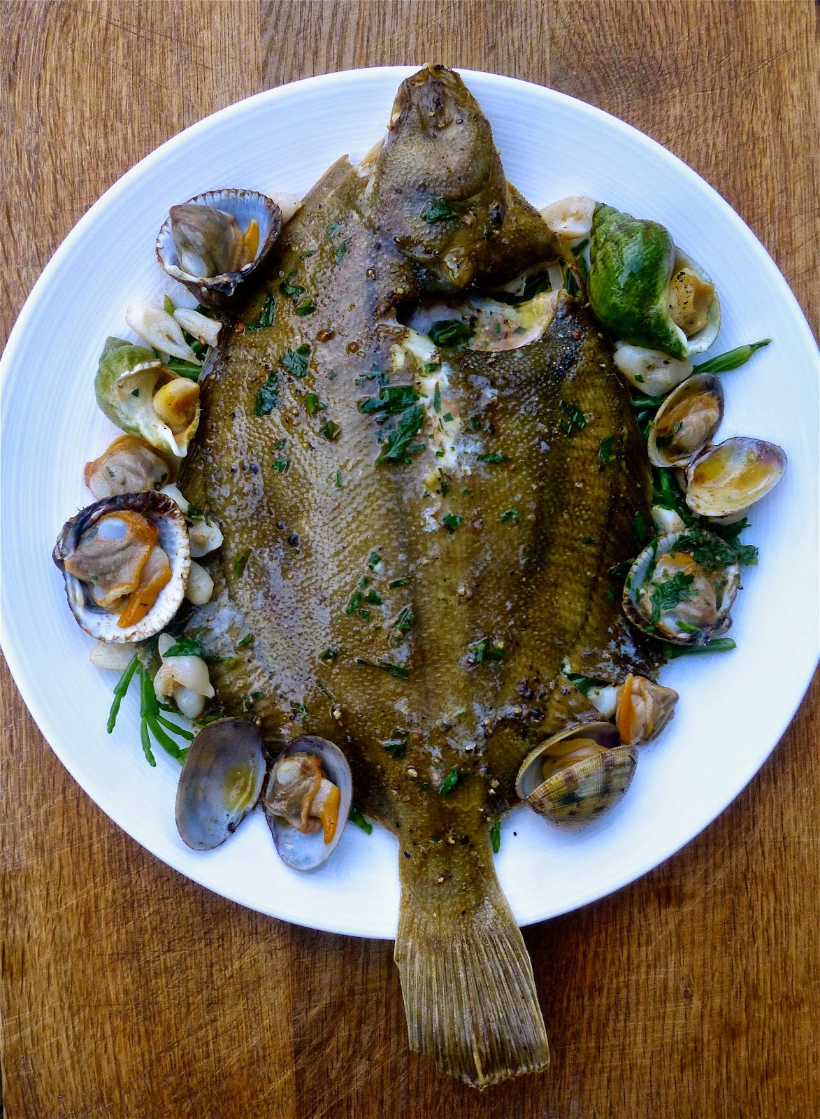 Sam Cooks Food: Roasted dab with shellfish, samphire and brown butter