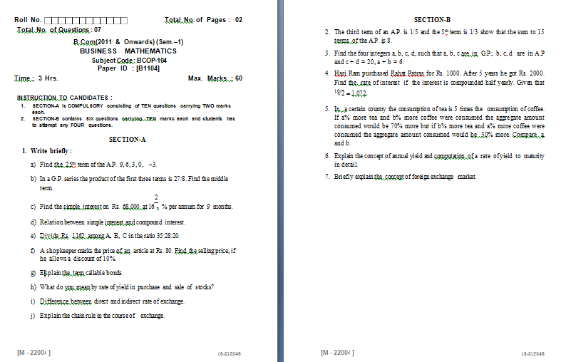 PTU BCOP-104 Business Mathematics May 2015 Question Paper - University ...