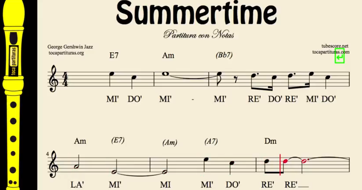 tocapartituras: Summertime de George Gerschwin Partitura de Flauta ...