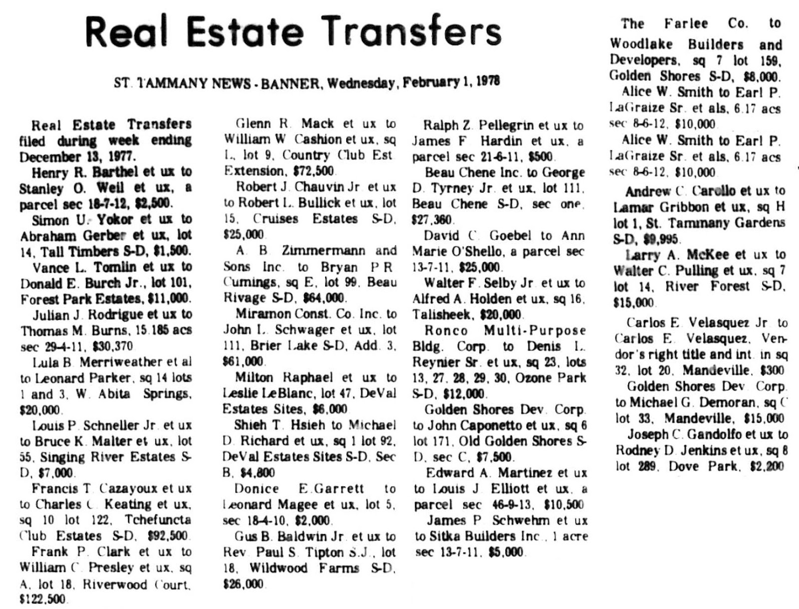 Tammany Family: Real Estate Transfers 1978