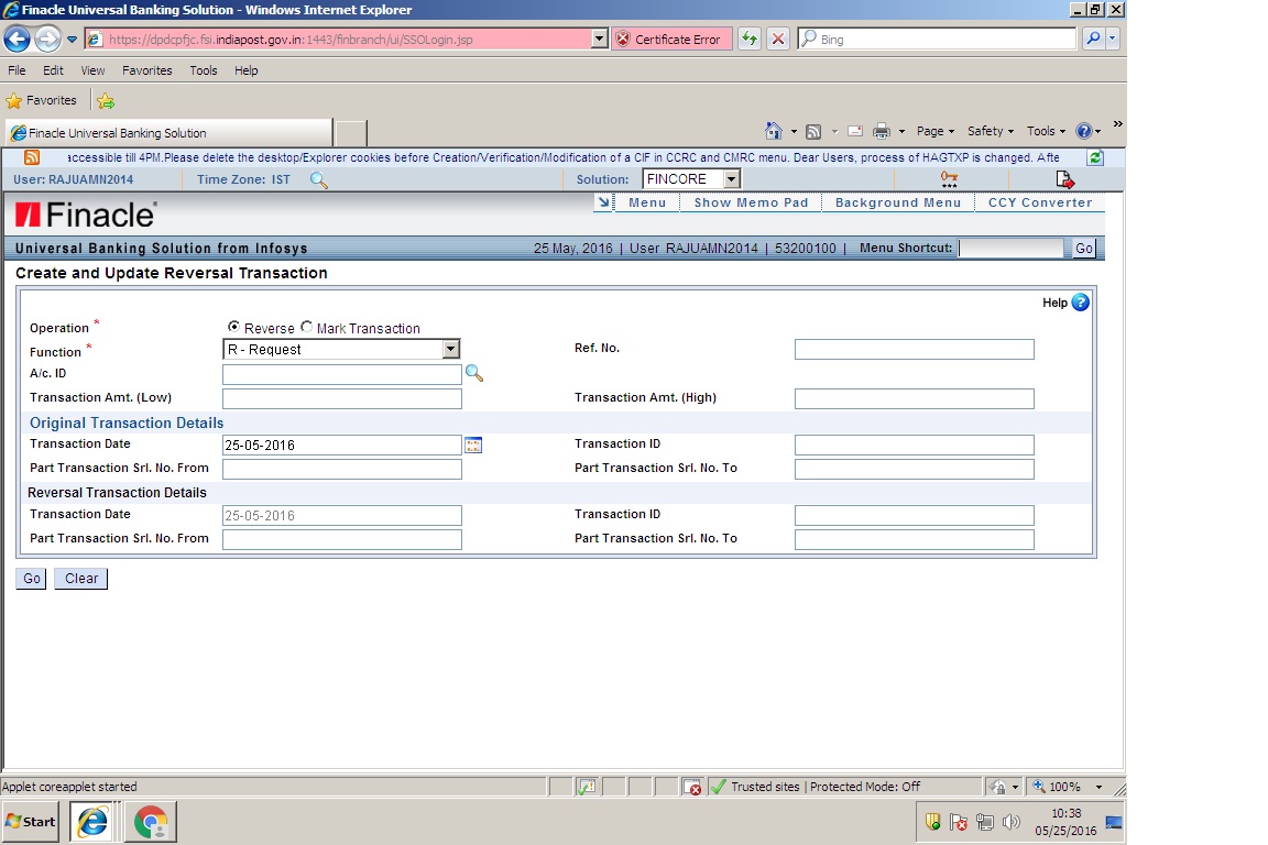 Procedure for reversal of transaction using HCRT menu in DOP Finacle ...