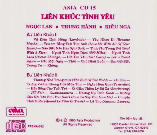 Asia CD 15 - Ngọc Lan, Trung Hành, Kiều Nga - Liên Khúc Tình Yêu ...