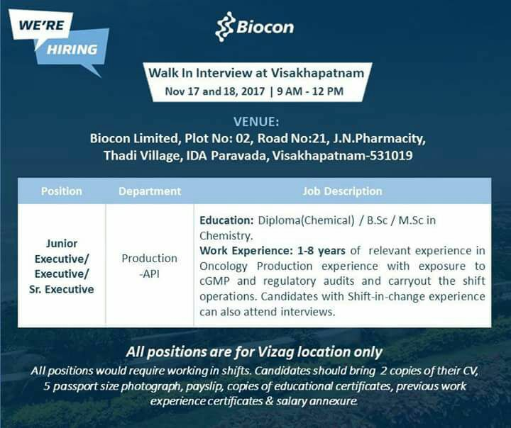Biocon walk-in 17 & 18 November for Production API unit - My Hope Portal