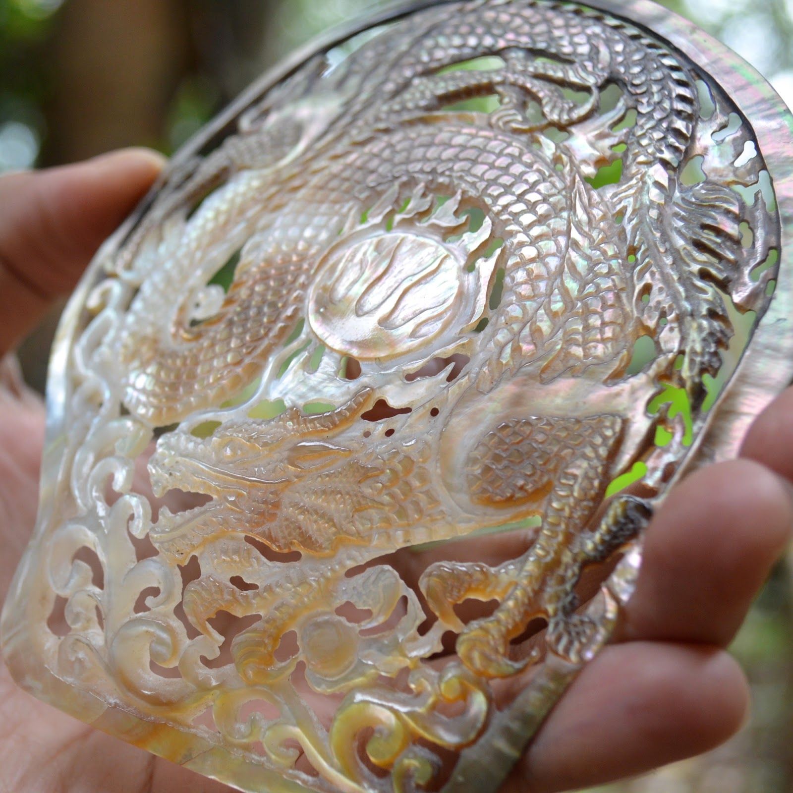 Carved Asian Dragon Statue 5" Mother of Pearl Seashell Carving