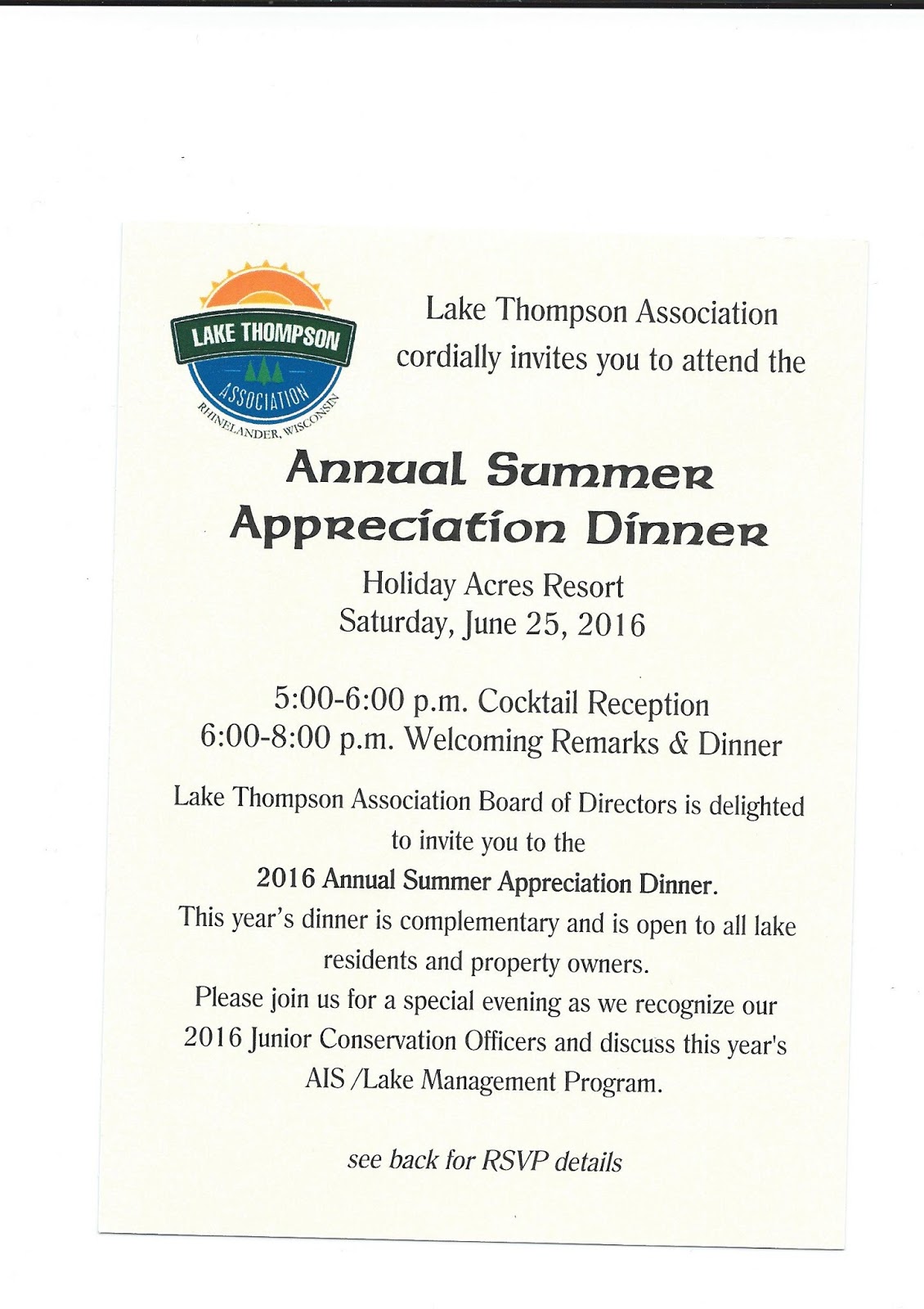 Lake Thompson Association: Annual Summer Appreciation Dinner Reminder