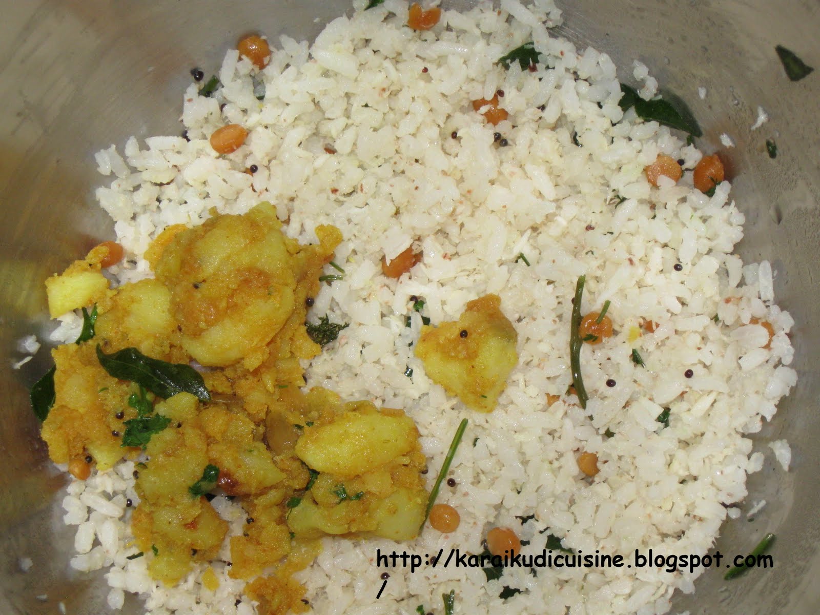Karaikudi Cuisine: Coconut rice with smashed potato curry