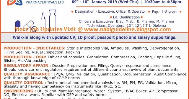 NABL GUIDELINES: Shukra Pharmaceuticals Ltd - Walk-In Interviews on 9th & 10th January 2019 for ...