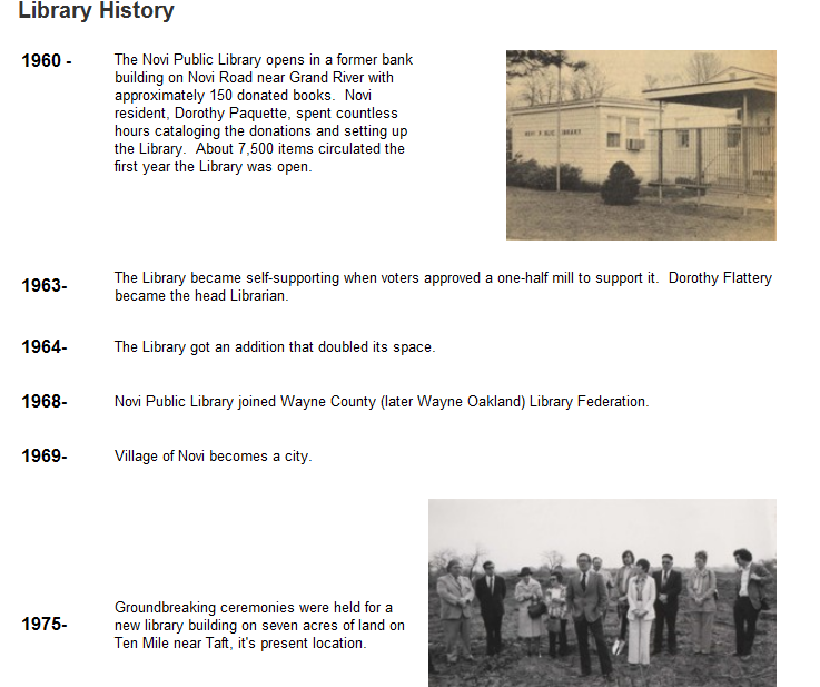 Retiring Guy's Digest: Novi Public Library History Timeline