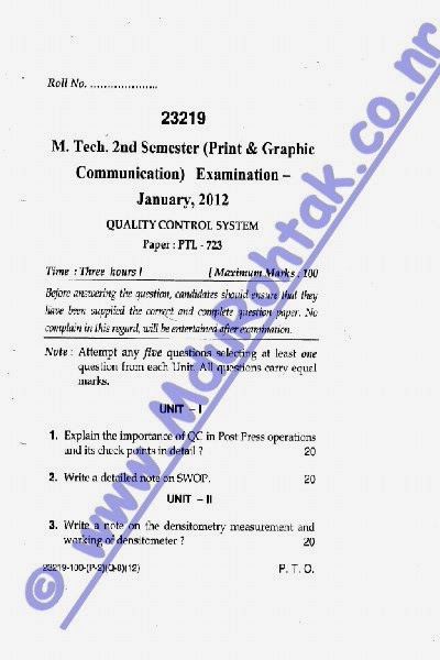Quality Control System - December 2012 - Mtech Question Paper