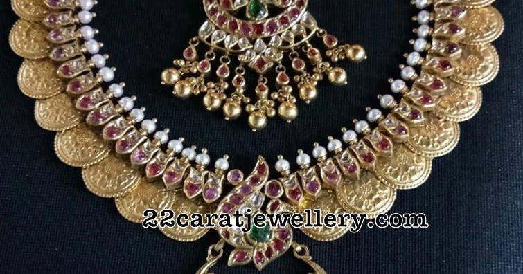 153 Grams Pota Ruby Kasu Necklace - Jewellery Designs