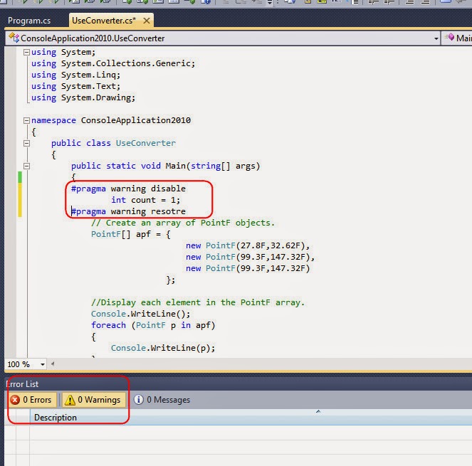 Suppress the warning messages in Visual Studio