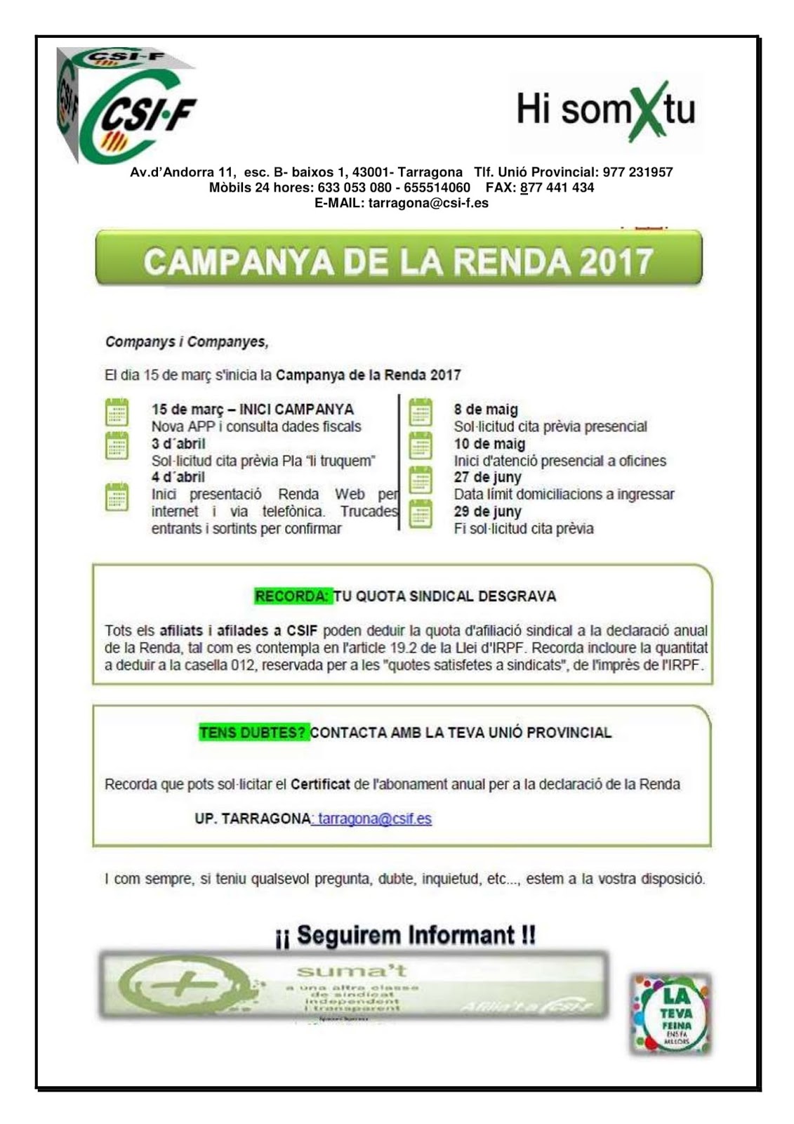 Csif Correos Tarragona CampaÑa Renta 2017 Tu Cuota De Csif Desgrava