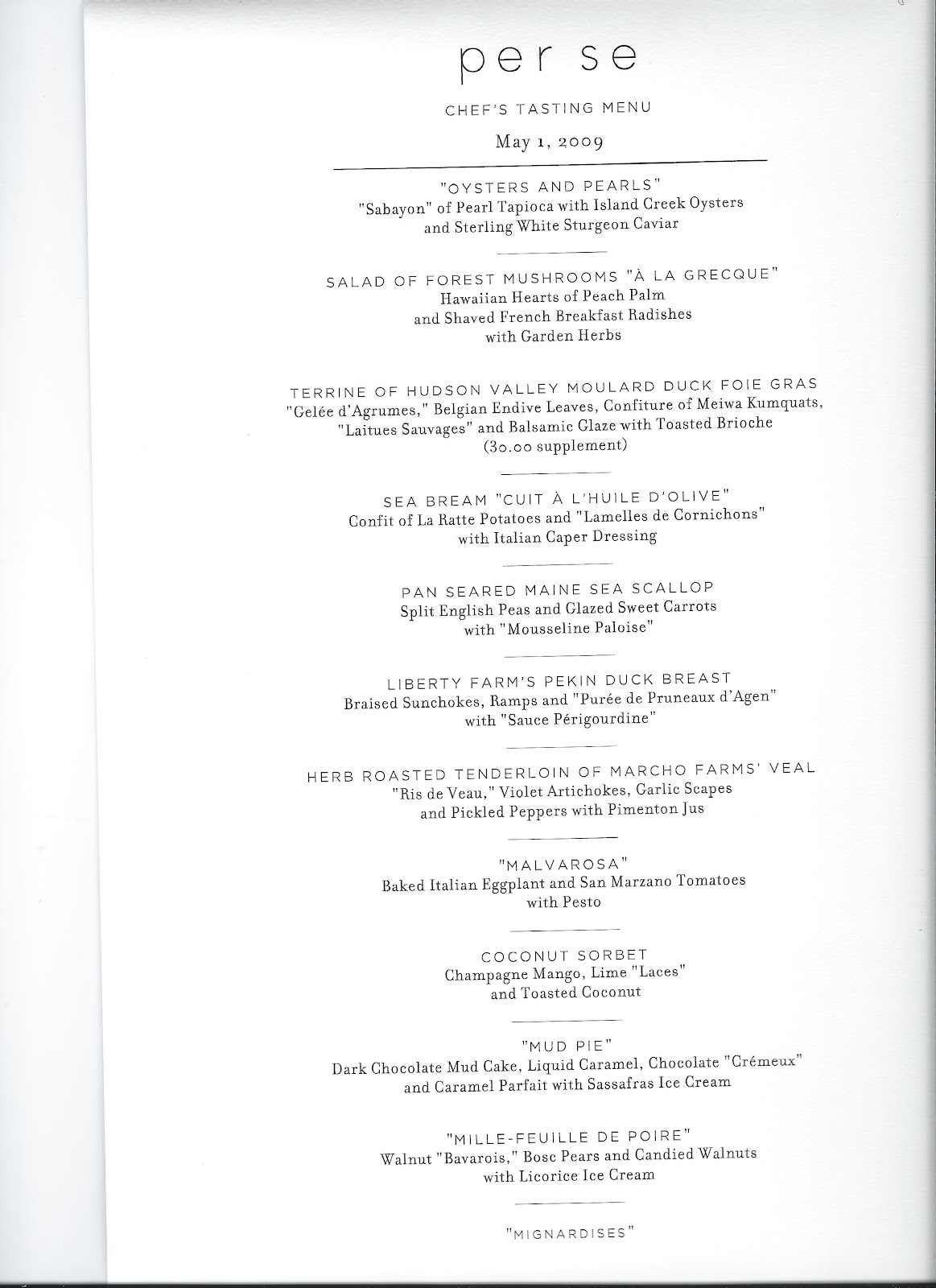 Chris Suhr's Menu Collection: PER SE, NEW YORK, 2009.