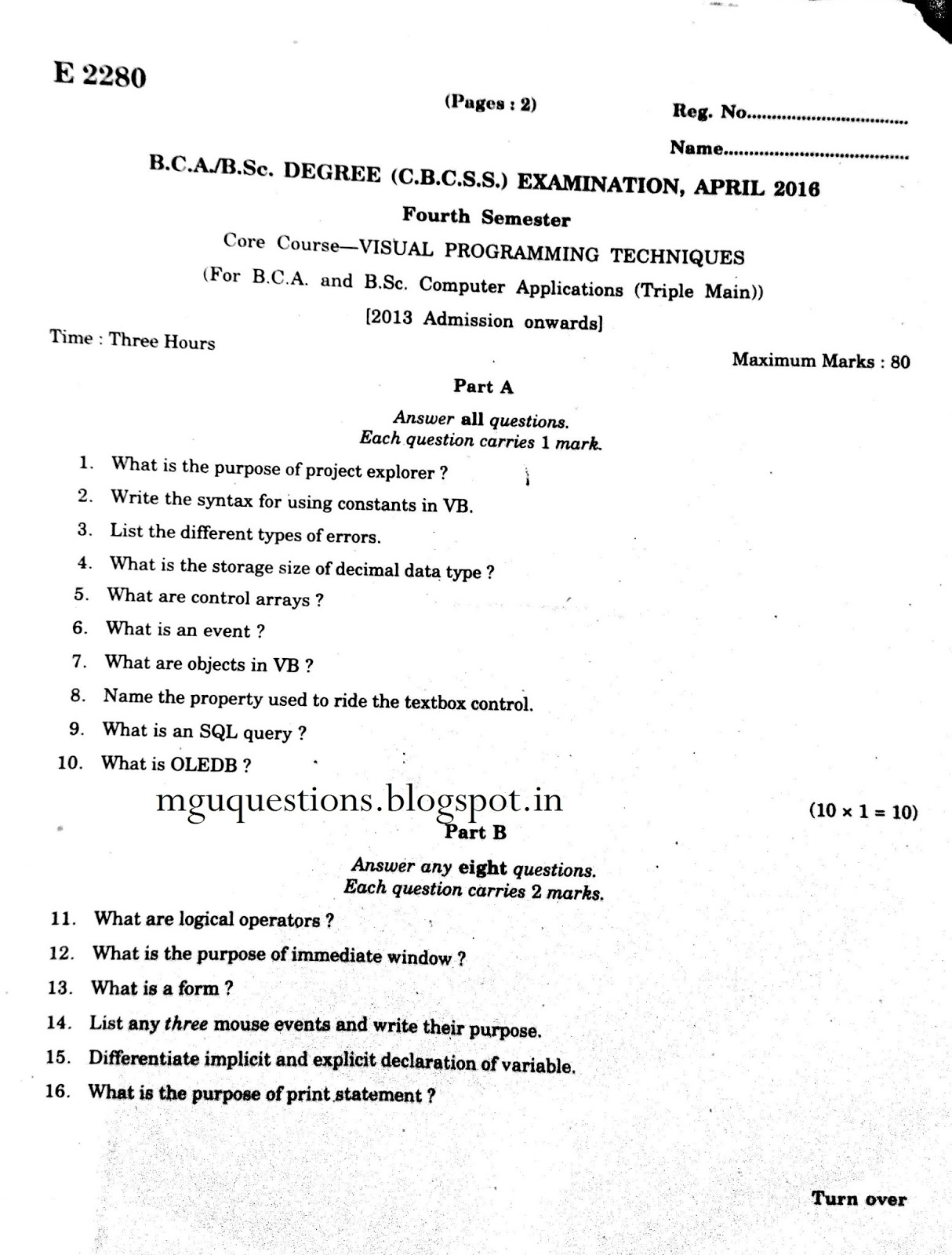 Mgu Bca Degree Semester 4 Visual Basics 2016 Previous Year Question Paper