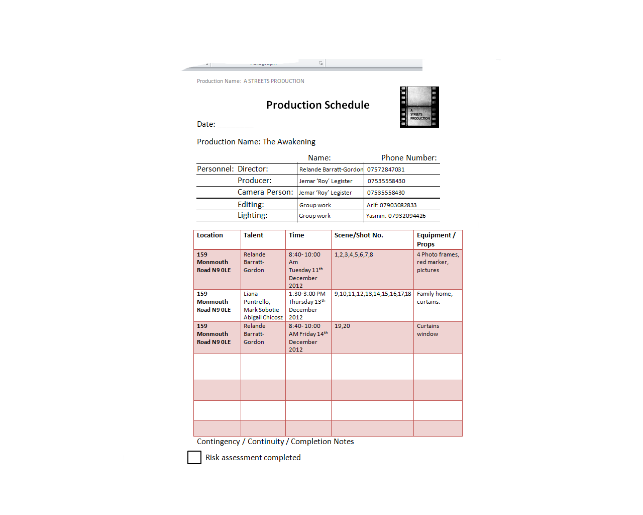Jemar - AS Media: Planning: Pre-Production Paperwork (Ms Begum)