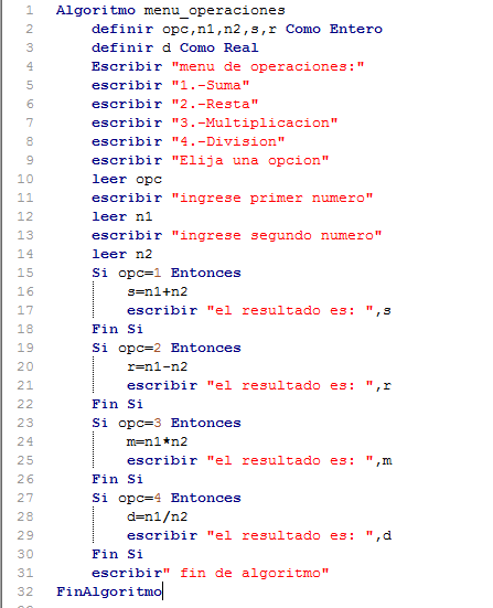 Programación con PSEINT: Operaciones con un menu de opciones