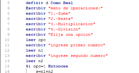 Programación con PSEINT: Operaciones con un menu de opciones