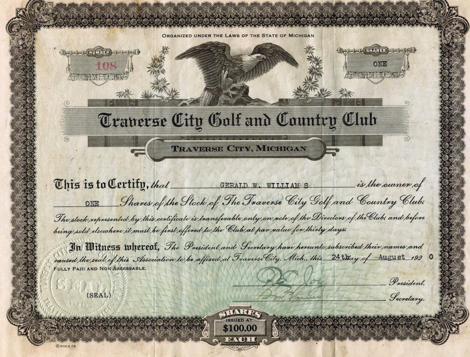 TCCC Grounds Blog: Original Stock Certificate 1920