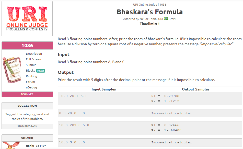 URI 1036 Bhaskara's Formula Solution in C++ - Programming Life