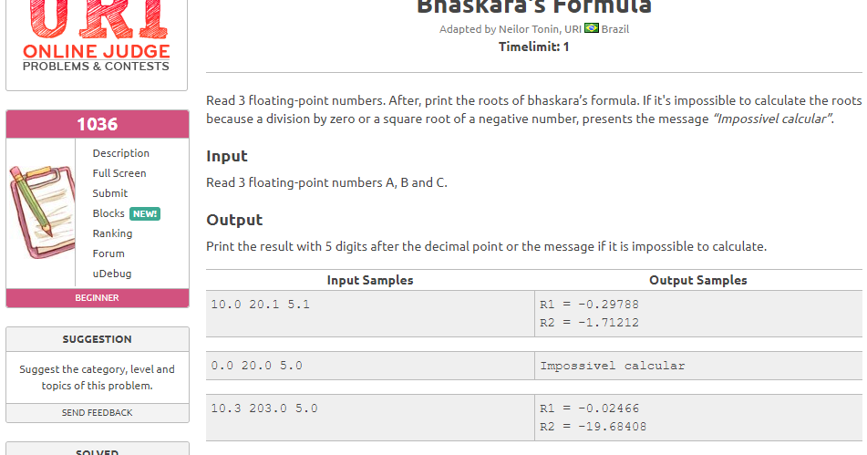 URI 1036 Bhaskara's Formula Solution in C++ - Programming Life