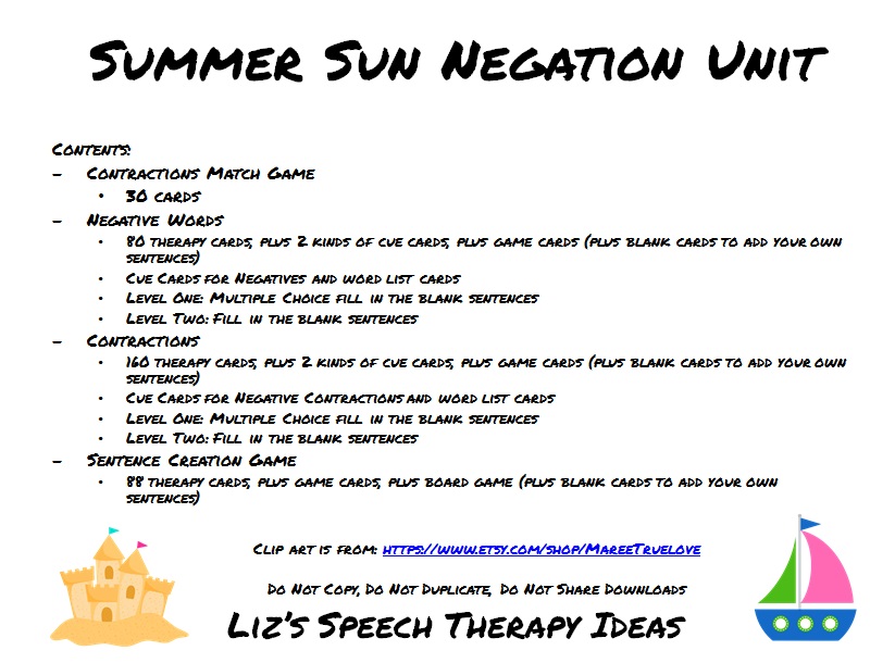 Liz's Speech Therapy Ideas: Summer Sun Negation Unit