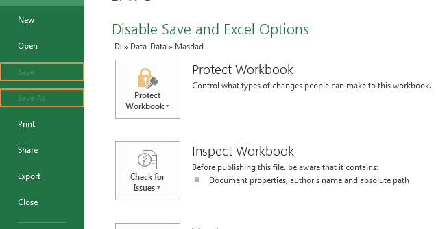 Download Contoh Disable Tombol Save dan Excel Options
