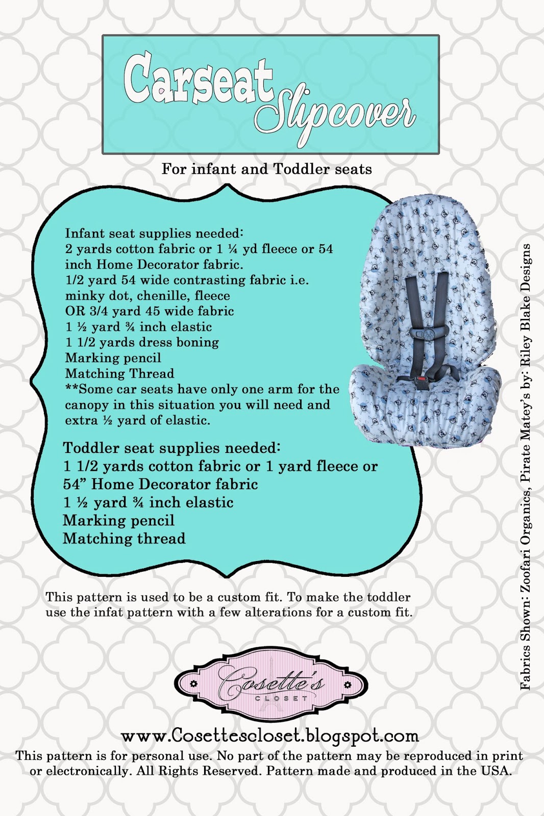 cosettes closet: Car Seat Slipcover Sewing Pattern