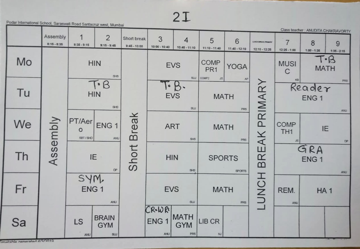 STARS OF PIS AHMEDABAD STD II: TIMETABLE OF CLASS 2 - ALL SECTIONS