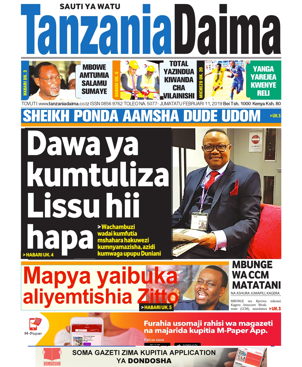 Tanzanian Today's Newspapers MAGAZETI YA LEO Monday 11th February, 2019 ...