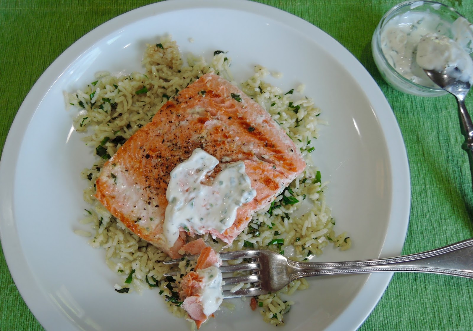 The Briny Lemon: Yogurt-Marinated Grilled Salmon over Herbed Rice