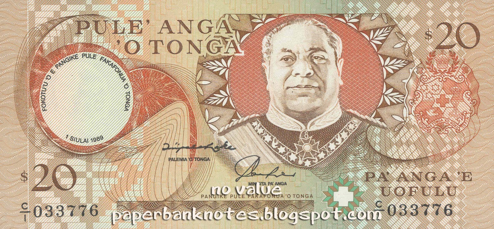 commemorative: Tonga - 20 Pa'anga 1989 Commemorative Inauguration of ...