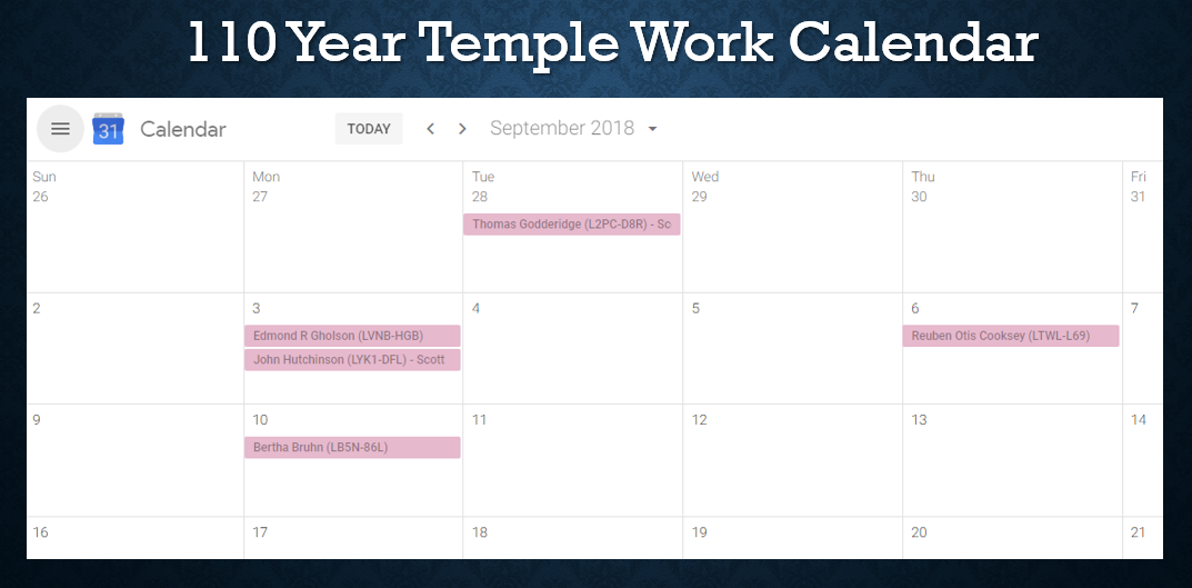 Revealing Roots and Branches: 110 Year Temple Work Calendar