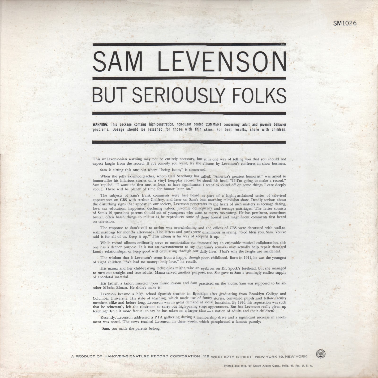 Vintage Stand-up Comedy: Sam Levenson - But Seriously Folks 1958