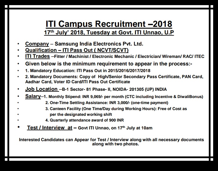 ITI Campus Recruitment -Samsung India Electronics Pvt.Ltd . - ITI Jobs ...