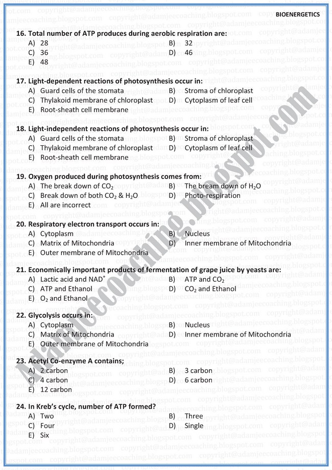 Adamjee Coaching: Biology Mcqs XI - Bioenergetics
