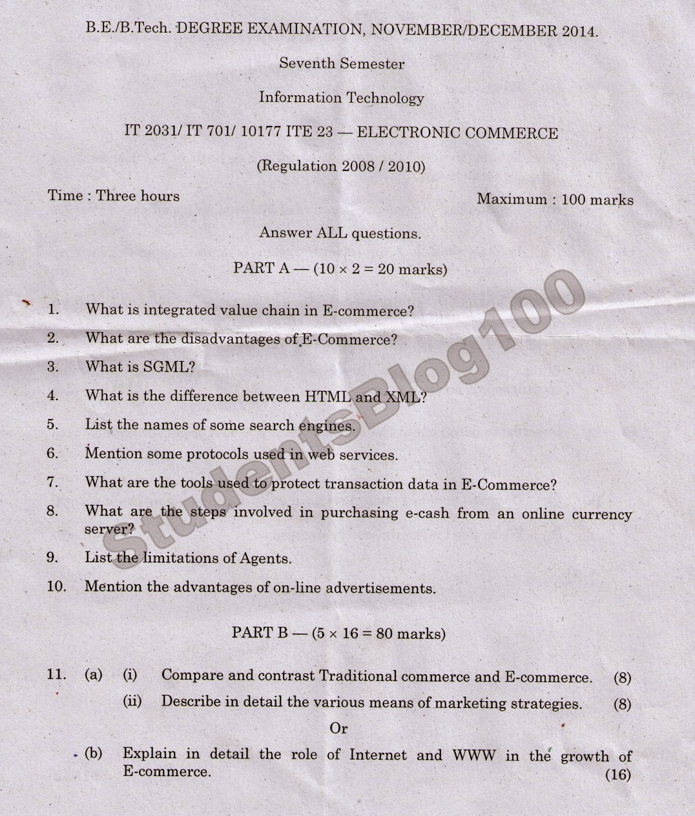 ANNA UNIVERSITY IT2031 ELECTRONIC COMMERCE NOV/DEC 2014 QUESTION PAPER ...