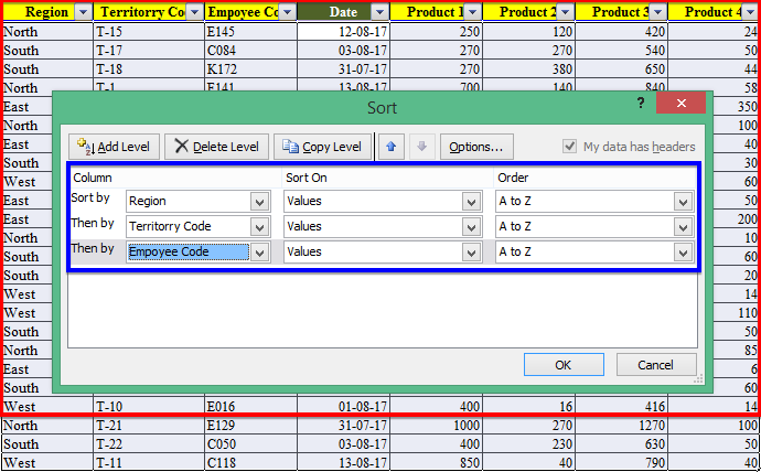 How to sort multiple columns in excel drop down list - sascall