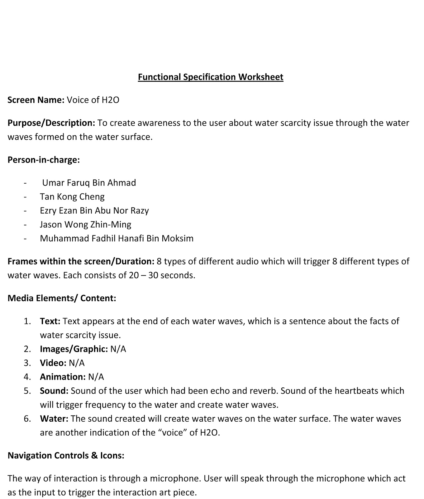 Media Art Design 4 - Project 2: Stage 3: Functional Specification Worksheet