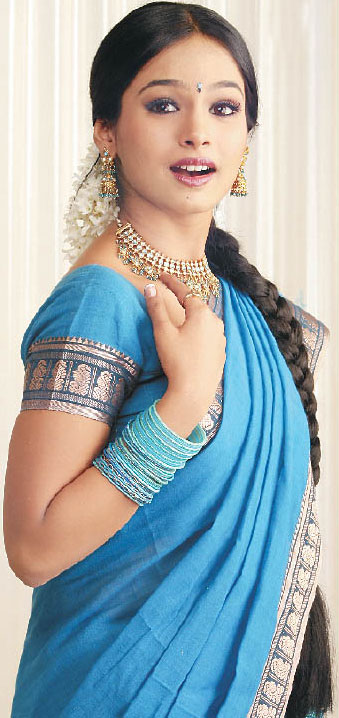 Cute Kannada Actress In Blue Saree Image Actresshdwallpapers