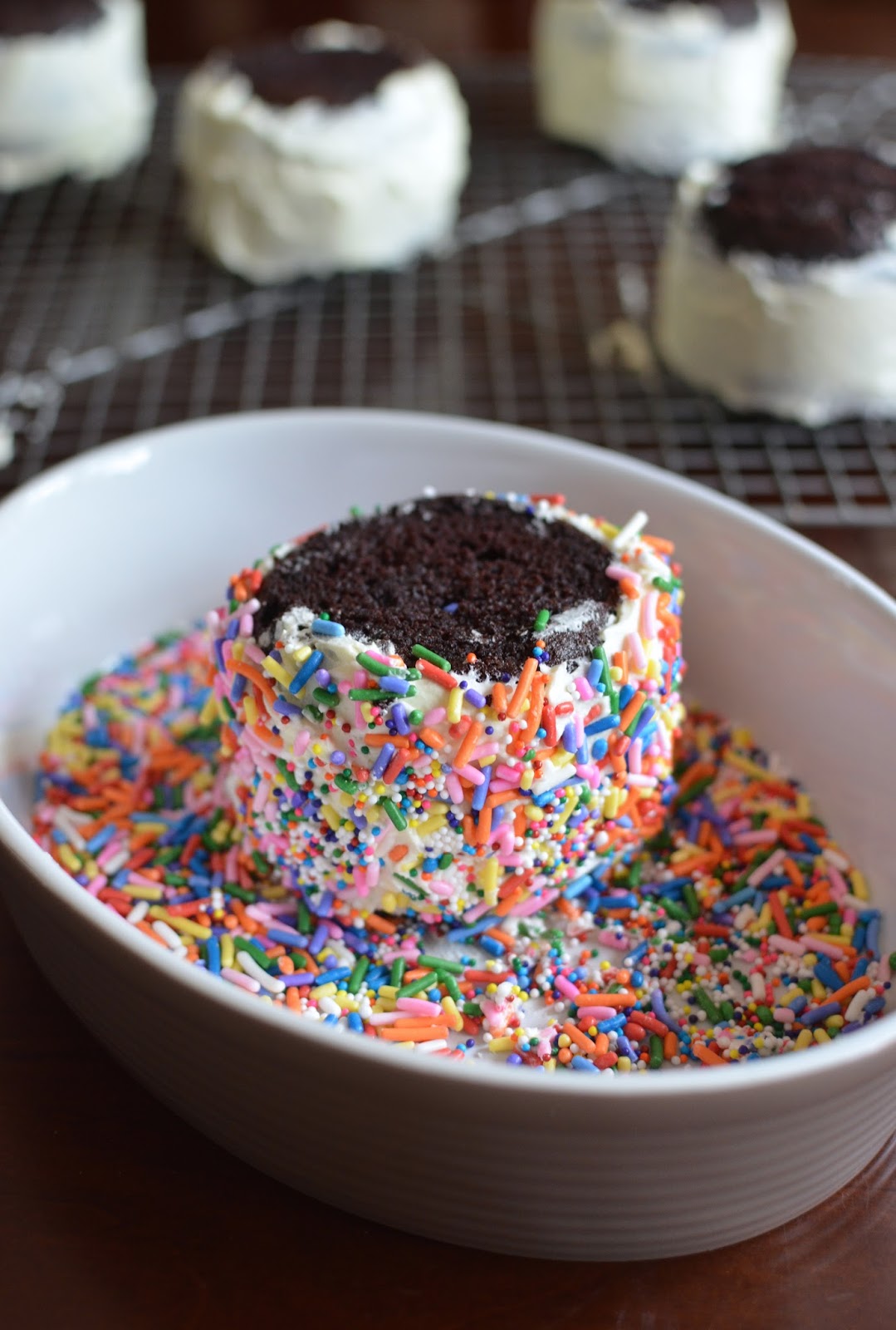 Playing with Flour: Mini oreo sprinkle cakes for the June birthday boy