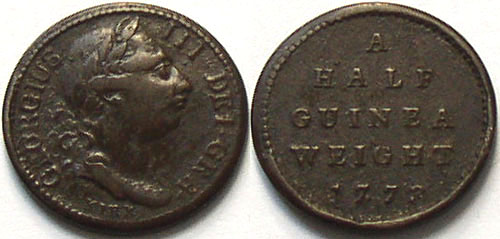 Coin Weights: George III Portrait Brass Half Guinea 1773