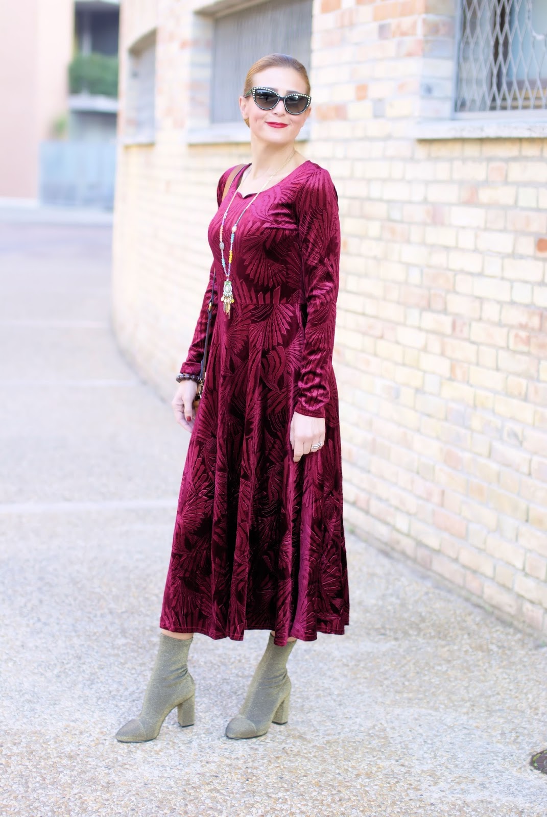 Red velvet maxi dress & sock boots: 70s vibes | Fashion and Cookies ...