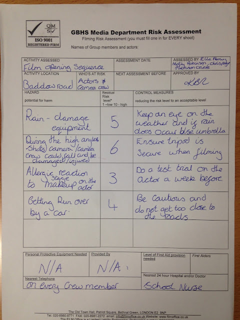 As Media Studies: Risk Assessment Forms- Health and Safety